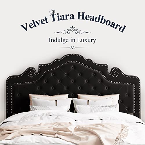 Allewie Full Size Bed Frame with Velvet Tiara Headboard, Upholstered Diamond Button Tufted Platform Bed, Sturdy Wood Slats Support, No Box Spring Needed, Black