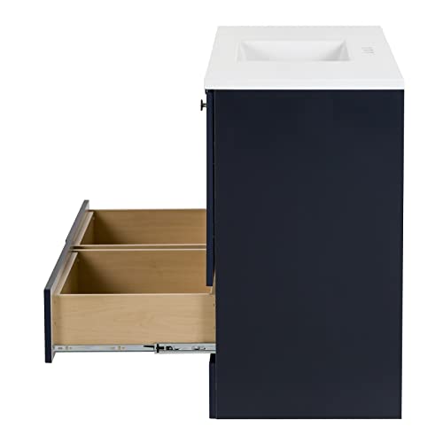 Spring Mill Cabinets Emlyn 48 Inch Bathroom Vanity with White Single Sink Top, 3 Cabinets, 2 Shelves, 2 Drawers, 48.5" W x 18.75" D x 32.89" H, Deep Blue