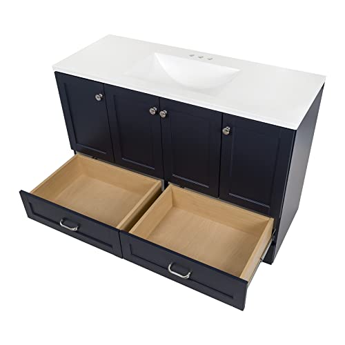 Spring Mill Cabinets Emlyn 48 Inch Bathroom Vanity with White Single Sink Top, 3 Cabinets, 2 Shelves, 2 Drawers, 48.5" W x 18.75" D x 32.89" H, Deep Blue