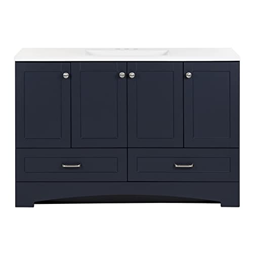 Spring Mill Cabinets Emlyn 48 Inch Bathroom Vanity with White Single Sink Top, 3 Cabinets, 2 Shelves, 2 Drawers, 48.5" W x 18.75" D x 32.89" H, Deep Blue