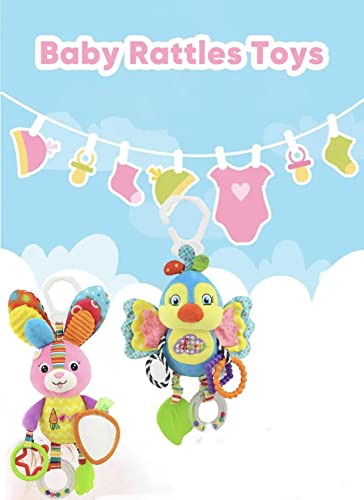 Blueana Car Seat Toy, Baby Plush Stuffed Rattle Development Toys with Musical Box, Squeaky Feet, Kids Mirror, BPA Free Teether - Stroller, Crib (Bird)