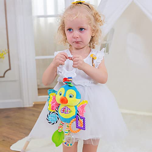 Blueana Car Seat Toy, Baby Plush Stuffed Rattle Development Toys with Musical Box, Squeaky Feet, Kids Mirror, BPA Free Teether - Stroller, Crib (Bird)