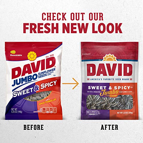 DAVID Seeds Roasted and Salted Sweet and Spicy Jumbo Sunflower Seeds, Keto Friendly, 5.25 oz (Pack of 1)