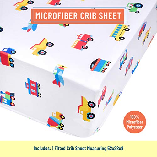 Wildkin Microfiber Fitted Crib Sheet for Boys & Girls, Crib Sheets Measures 52 x 28 Inches, Soft & Breathable Fabric Crib Sheets for Kids, Fits Standard Crib Mattress(Trains Planes & Trucks)