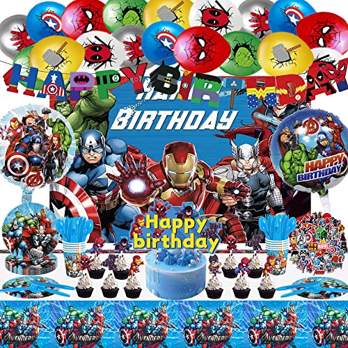 150 PCS Superhero Blue Theme Birthday Party Supplies For Boys And Girls Decoration With Plant Balloon,Tableware,Paper Cup,Tablecloth, Backdrop Super Movie Theme Party