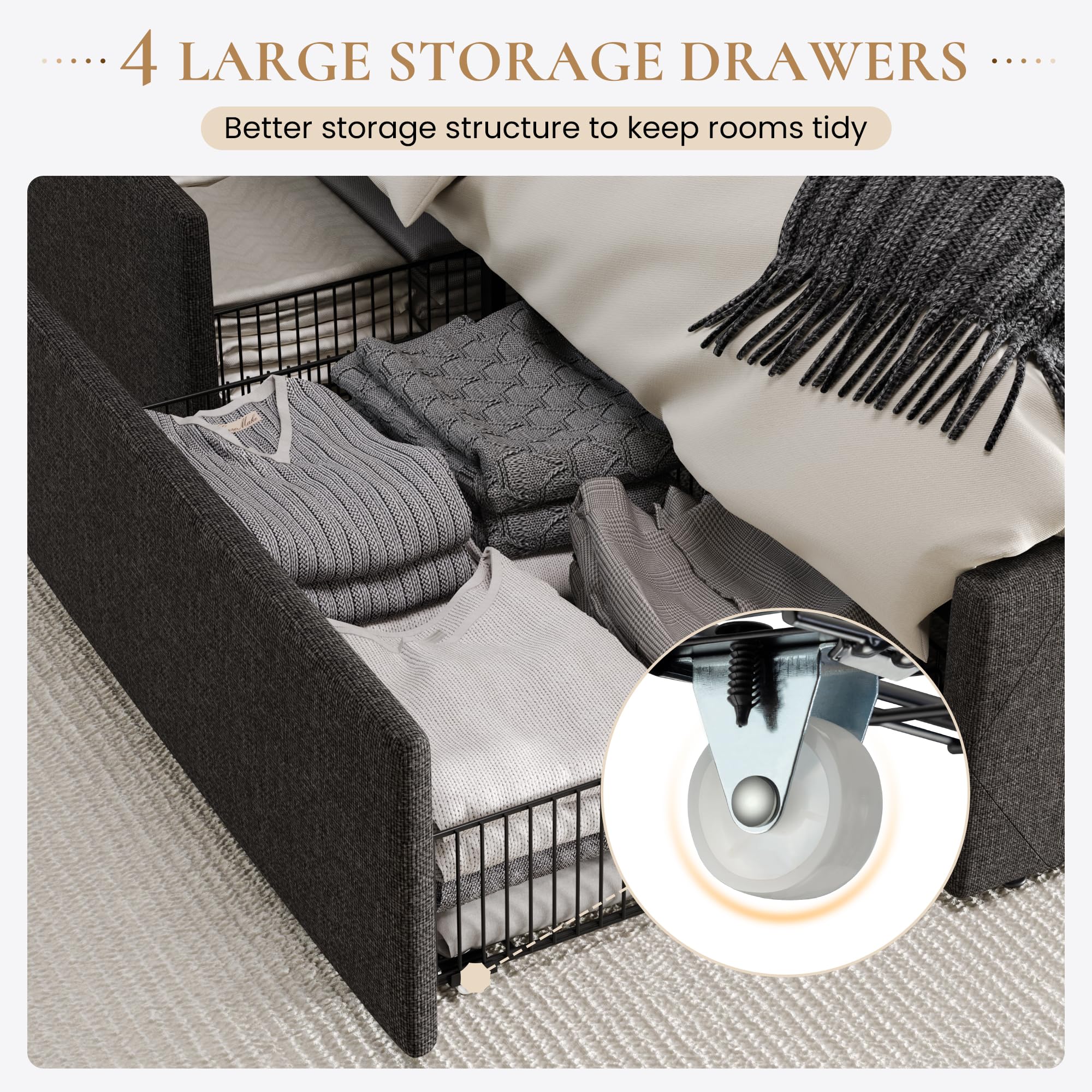 SHA CERLIN King Size Platform Bed Frame with 4 Storage Drawers and Wingback Headboard, Diamond Stitched Button Tufted Design, No Box Spring Needed, Dark Grey