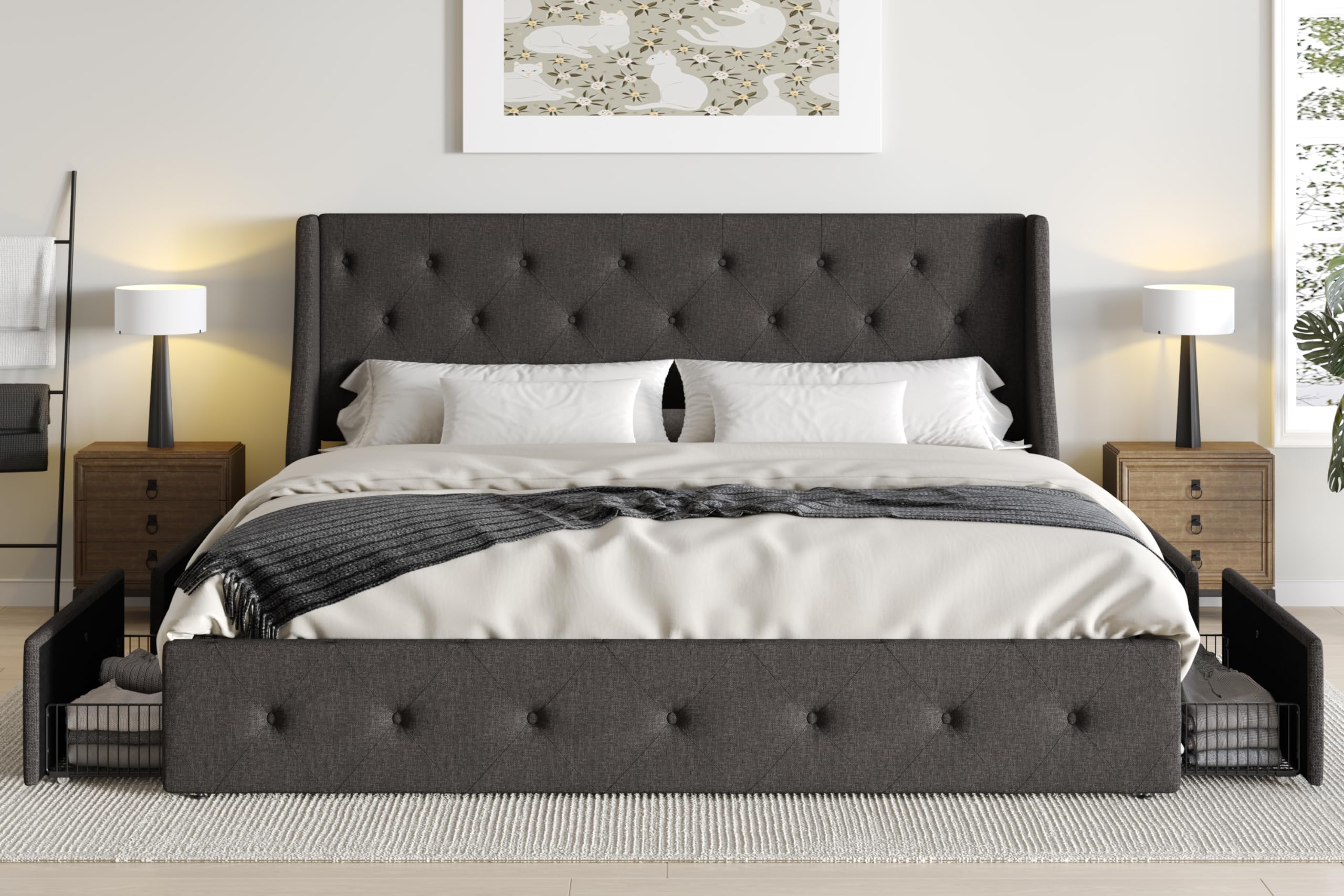 SHA CERLIN King Size Platform Bed Frame with 4 Storage Drawers and Wingback Headboard, Diamond Stitched Button Tufted Design, No Box Spring Needed, Dark Grey