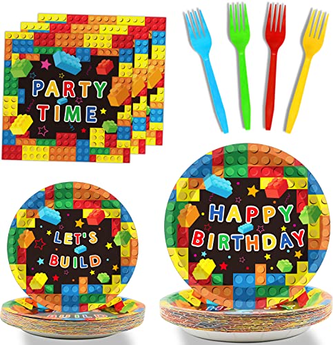 gisgfim 96 Pcs Building Block Birthday Party Supplies Paper Plates Napkins Colorful Blocks Party Birthday Decorations Favors for Boy or Girl Serves 24