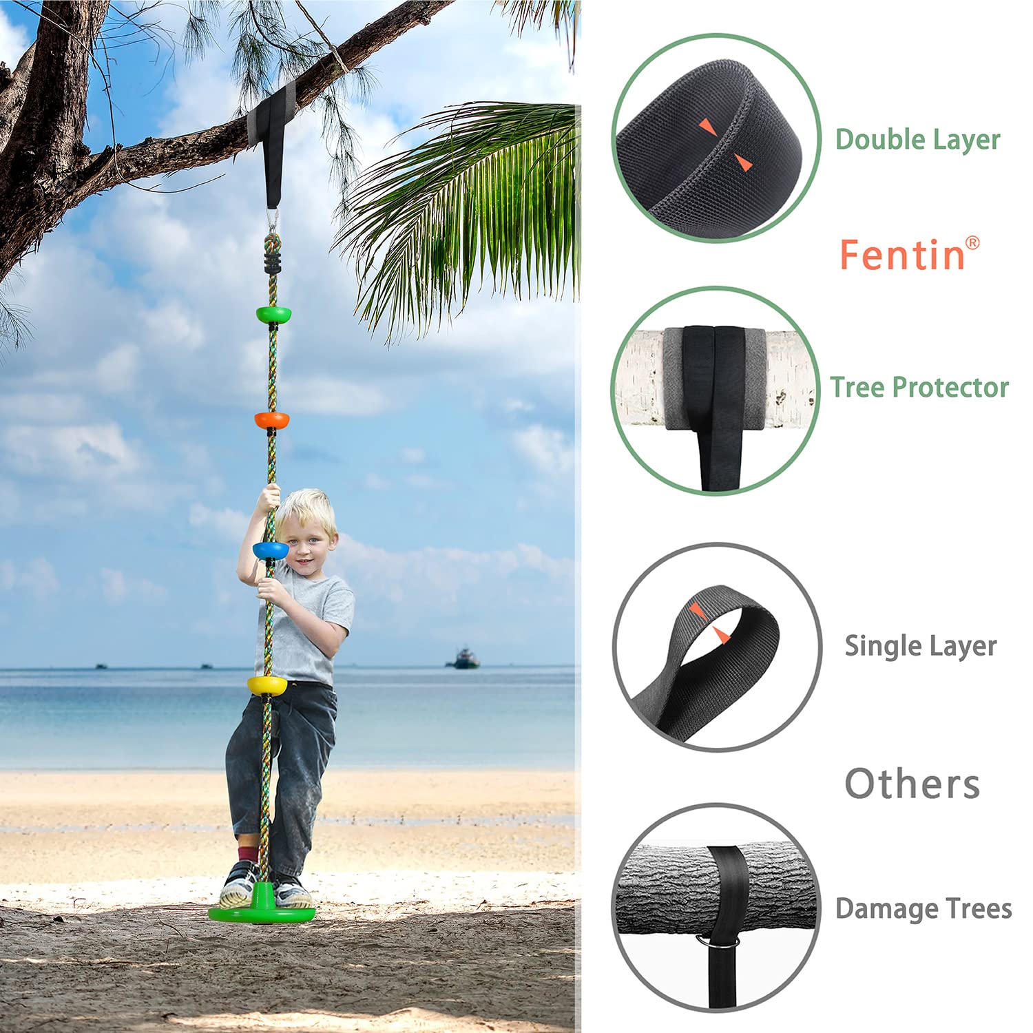 Fentin Tree Swing for Kids Backyard Single Disc Rope Climbing Swing Seat for Tree Indoor Outdoor Playground Swing Set Accessories with Thickening 4 Ft Strap-Green