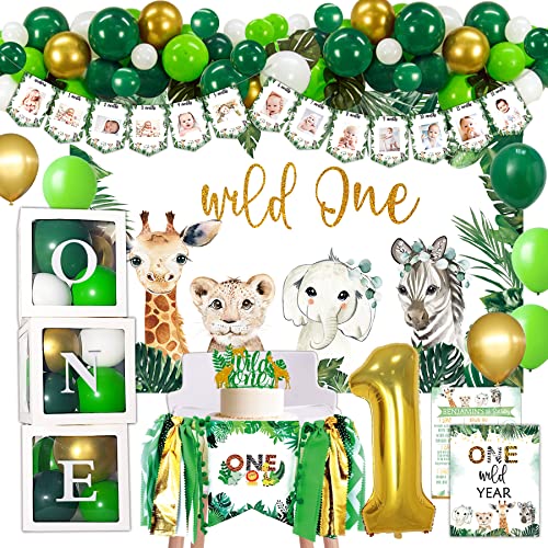 Wild One Birthday Decorations Supplies, Jungle Theme First Birthday Decoration, Wild One Backdrop High Chair Banner, First Birthday Balloon Box for 1st Birthday Boy Girls Decorations, Jungle Safari 1st Birthday Party Supplies
