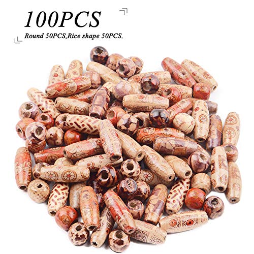 100 Pieces Round Printed Pattern Wooden Beads Oval Shape Wood Loose Spacer Beads for DIY Jewelry Making Hair Crafts, 2 Sizes