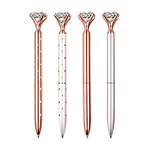 4 PCS Diamond Pen With Big Crystal Bling Metal Ballpoint Pen, Office Supplies And School, Rose Gold/White Rose Polka Dot/Silver/Rose Gold With White Polka Dots, Includes 4 Pen Refills