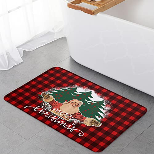 Christmas Bath Rugs Santa Claus Xmas Trees Sponge Doormat Absorbent Non Slip Backing Durable Soft Flannel Mat Red Black Buffalo Plaid Christmas Memory Foam Mats for Bathroom Kitchen 18 x 30 inches