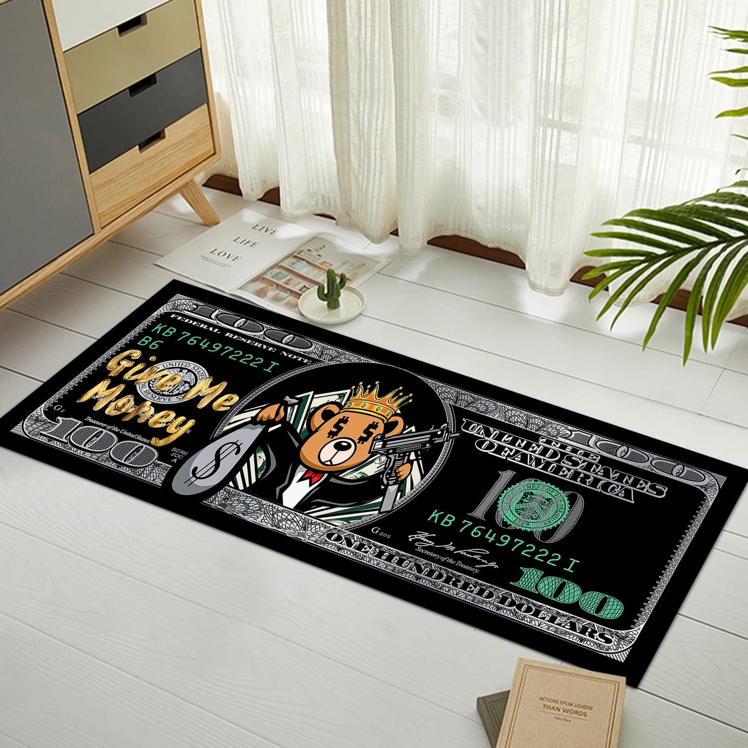 JUST BREATHE Black Money Rugs 100 Dollar Bill Rug Give Me Money Fun Bear Runner Rug 59"x24"