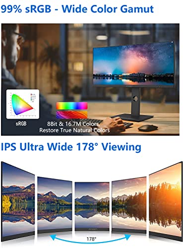 INNOCN 29" Ultrawide Monitor USB Type C 21:9 IPS Display WFHD 2560 x 1080P 350Nits 99% sRGB DP HDMI Computer Monitor, 75Hz, Split Screen, Height/Pivot Adjustable, Wall Mountable - 29C1F-D
