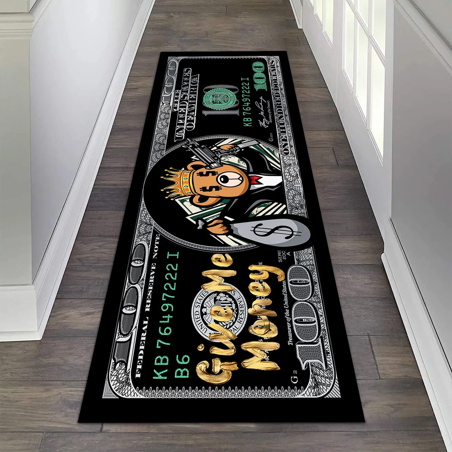JUST BREATHE Black Money Rugs 100 Dollar Bill Rug Give Me Money Fun Bear Runner Rug 59"x24"