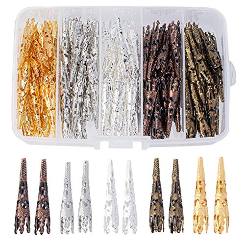 PH PandaHall 100 Pcs 5 Colors Goddess Hair Beads, 1.6 Inch Long Flower Bead Caps Bead End Hollow Bead Caps Spacers for Earring Pendant Neckalce Jewelry DIY Craft Goddess Beads for Hair Braid Jewelry