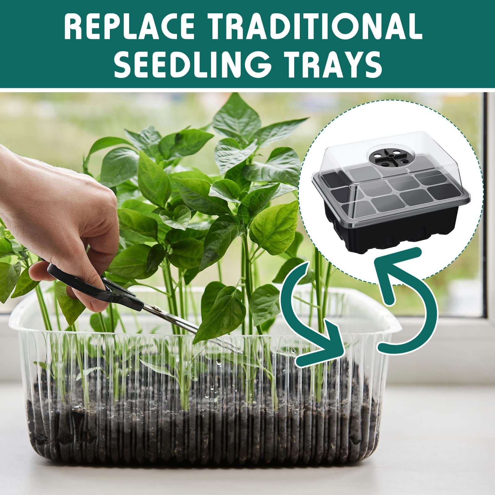 Nuogo 30 Packs Seed Starter Tray 360 Cells Seed Starter Kit with Humidity Domes and Base with 6 Plant Growers Base Indoor Greenhouse Mini Propagator Station 7.3'' x 5.7'' x 4.1''