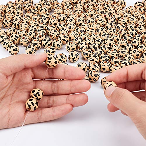 CHGCRAFT 300pcs Printed Wood Beads Dyed Charm Round Shaped Beads with Black Leopard Print Pattern Small Hole Spacer Beads Loose Wood Beads for Bracelet Necklace Earrings Keychain 12x14x13mm