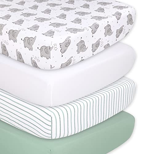 The Peanutshell Elephant Fitted Crib Sheet Set - 4 Pack - Grey, White & Green