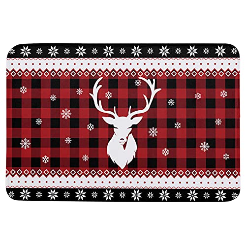 Christmas Bath Rugs Elk Deer Reindeer Snowflake Sponge Doormat Absorbent Non Slip Durable Soft Flannel Mat Red Buffalo Plaid Check Christmas Memory Foam Mats for Bathroom Kitchen 20 x 32 inches