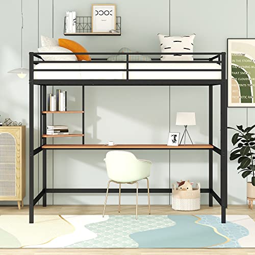 Voohek Metal Multifunctional Loft Bed Full-Size, Bedframe with Desk and Guardrail, Shelve and Ladder, for Kids, Adults, Bedroom, No Box Spring, Black