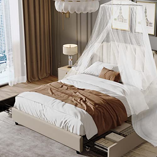 Queen Size Upholstered Platform Bed Frame with 2 Storage Drawers & Adjustable Rivets Headboard, Linen Bed Frame with Extra Dome Bed Canopy for Boys Girls Teens Adults, No Box Spring Needed (Beige)