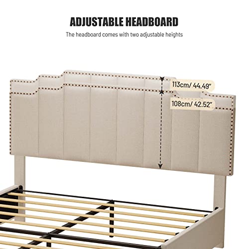 Queen Size Upholstered Platform Bed Frame with 2 Storage Drawers & Adjustable Rivets Headboard, Linen Bed Frame with Extra Dome Bed Canopy for Boys Girls Teens Adults, No Box Spring Needed (Beige)