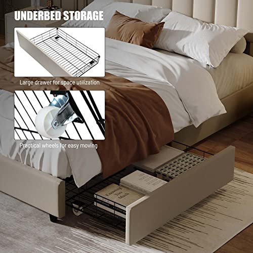 Queen Size Upholstered Platform Bed Frame with 2 Storage Drawers & Adjustable Rivets Headboard, Linen Bed Frame with Extra Dome Bed Canopy for Boys Girls Teens Adults, No Box Spring Needed (Beige)