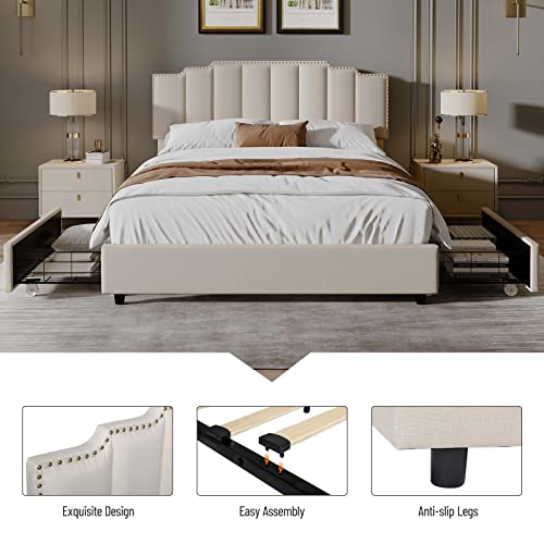 Queen Size Upholstered Platform Bed Frame with 2 Storage Drawers & Adjustable Rivets Headboard, Linen Bed Frame with Extra Dome Bed Canopy for Boys Girls Teens Adults, No Box Spring Needed (Beige)