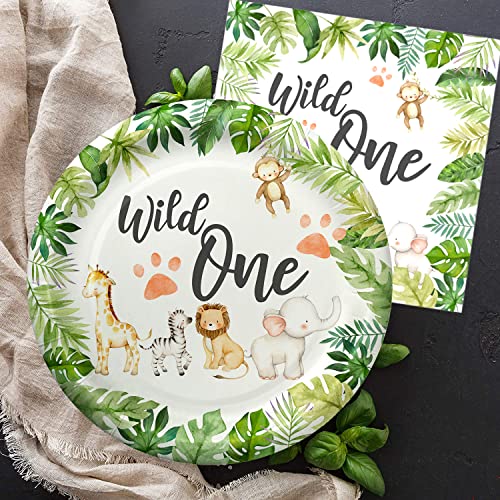 FVABO Wild One Birthday Decorations Tableware - Safari Birthday Decorations Including Plates, Cups, Napkins, Tablecloth, Straws, Cutlery, Animal Jungle Theme Wild One Party Supplies | Serve 24