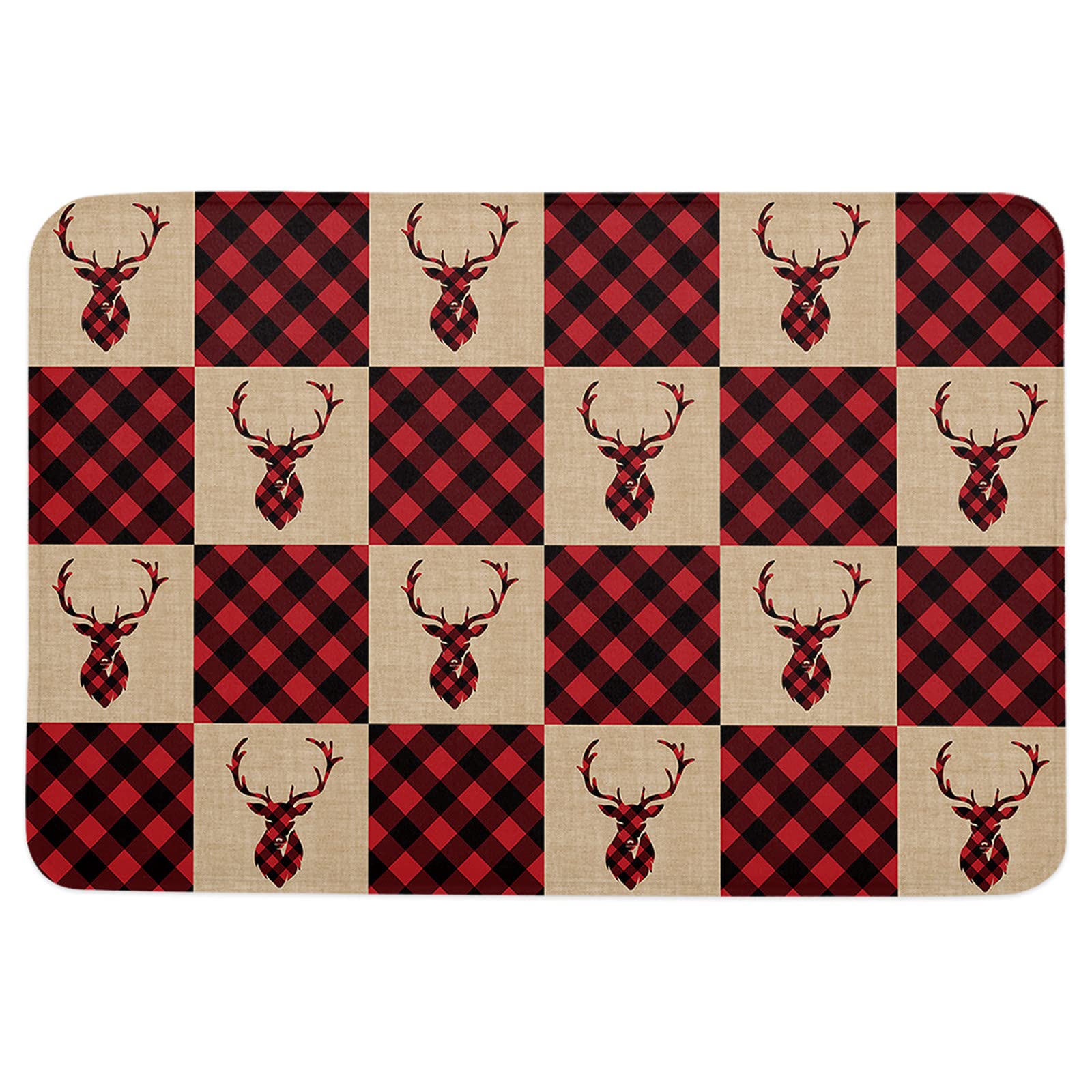 Christmas Bath Rugs Elk Deer Reindeer Sponge Doormat Absorbent Non Slip Backing Durable Soft Flannel Mat Red Buffalo Plaid Checkered Christmas Memory Foam Mats for Bathroom Kitchen 18 x 30 inches