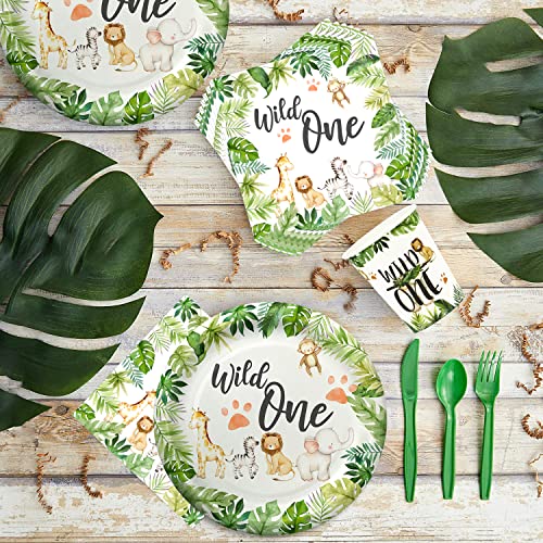 FVABO Wild One Birthday Decorations Tableware - Safari Birthday Decorations Including Plates, Cups, Napkins, Tablecloth, Straws, Cutlery, Animal Jungle Theme Wild One Party Supplies | Serve 24