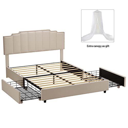 Queen Size Upholstered Platform Bed Frame with 2 Storage Drawers & Adjustable Rivets Headboard, Linen Bed Frame with Extra Dome Bed Canopy for Boys Girls Teens Adults, No Box Spring Needed (Beige)