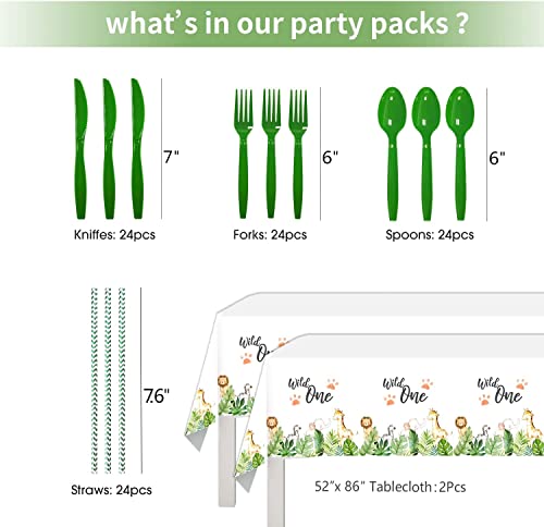 FVABO Wild One Birthday Decorations Tableware - Safari Birthday Decorations Including Plates, Cups, Napkins, Tablecloth, Straws, Cutlery, Animal Jungle Theme Wild One Party Supplies | Serve 24