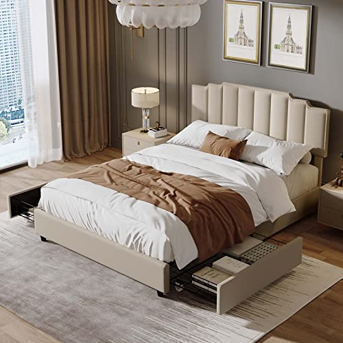Queen Size Upholstered Platform Bed Frame with 2 Storage Drawers & Adjustable Rivets Headboard, Linen Bed Frame with Extra Dome Bed Canopy for Boys Girls Teens Adults, No Box Spring Needed (Beige)