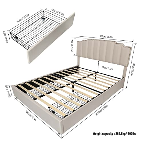 Queen Size Upholstered Platform Bed Frame with 2 Storage Drawers & Adjustable Rivets Headboard, Linen Bed Frame with Extra Dome Bed Canopy for Boys Girls Teens Adults, No Box Spring Needed (Beige)