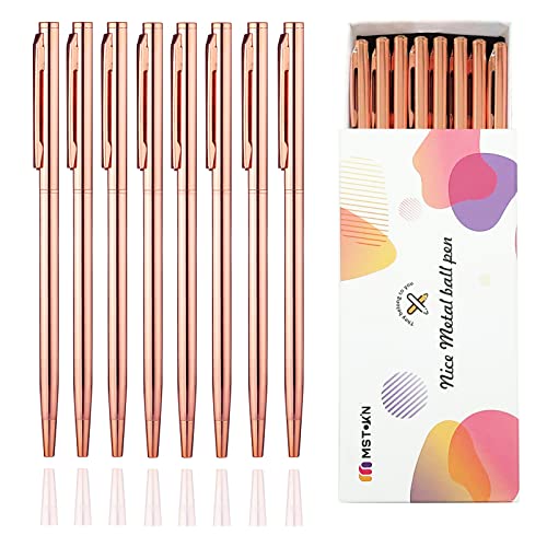 MSTOKIN Metallic Rose Gold Pens Cool Fancy Pens for Women & Men Journling Cute Pen Set Luxury Nice Pretty Pens with Gift Box (8-Pack rose gold Metal Thin Pens)