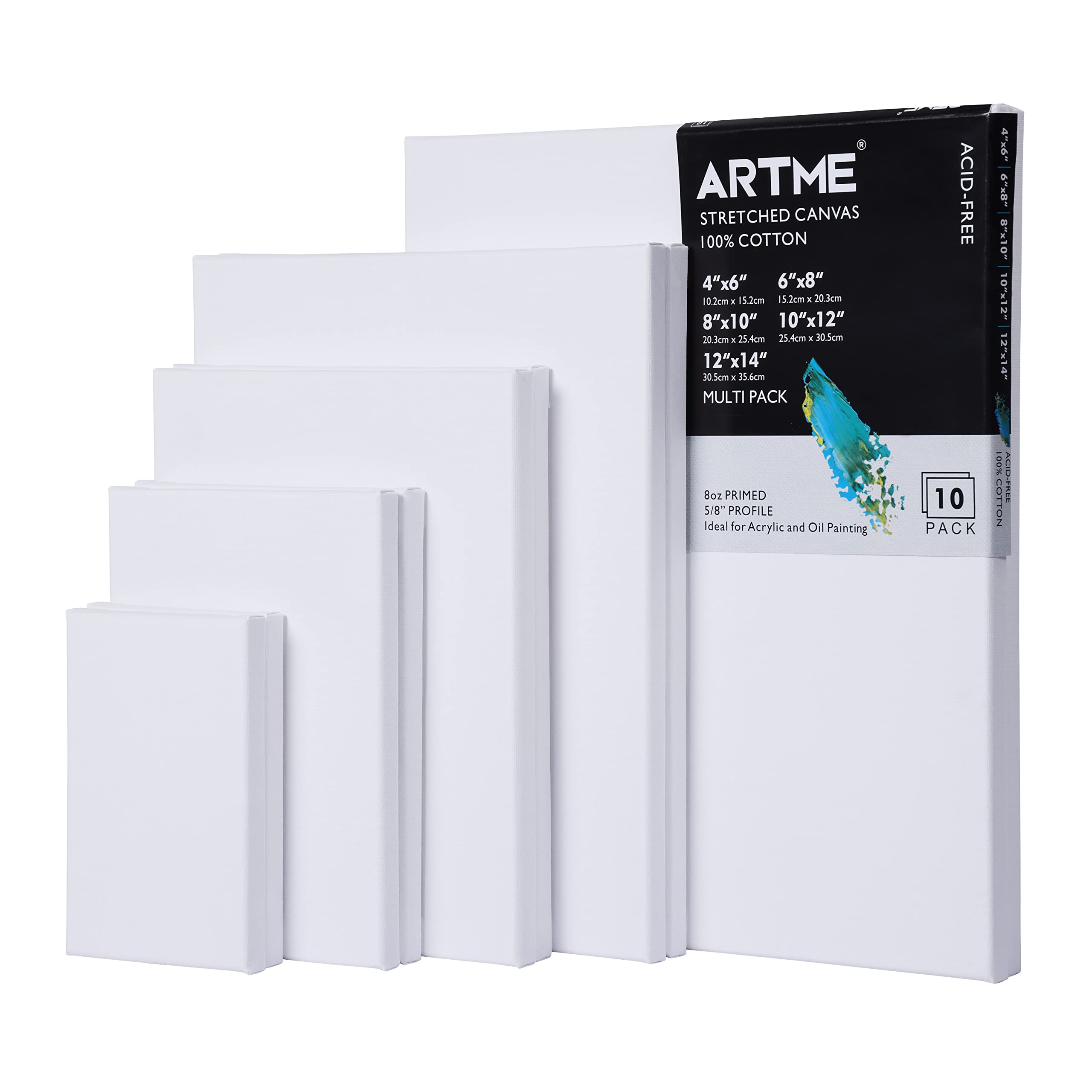 ARTME Stretched Canvas Muti Pack for Painting, 4x6, 6x8, 8x10, 10x12, 12x14 (2 of Each) Set of 10, 8oz Primed Acid-Free 100% Cotton, Ideal Painting Canvas Suitable for Acrylic and Oil Paints