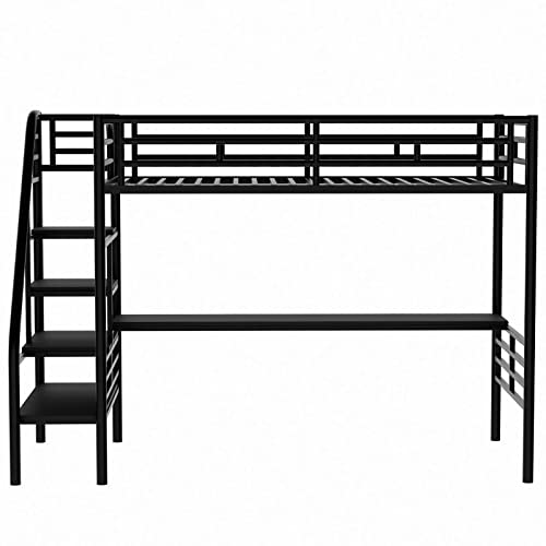 Epinki Metal Loft Bed Frame with Desk, No Box Spring Needed, Twin, Black, Bed Frame, Easy Assembly