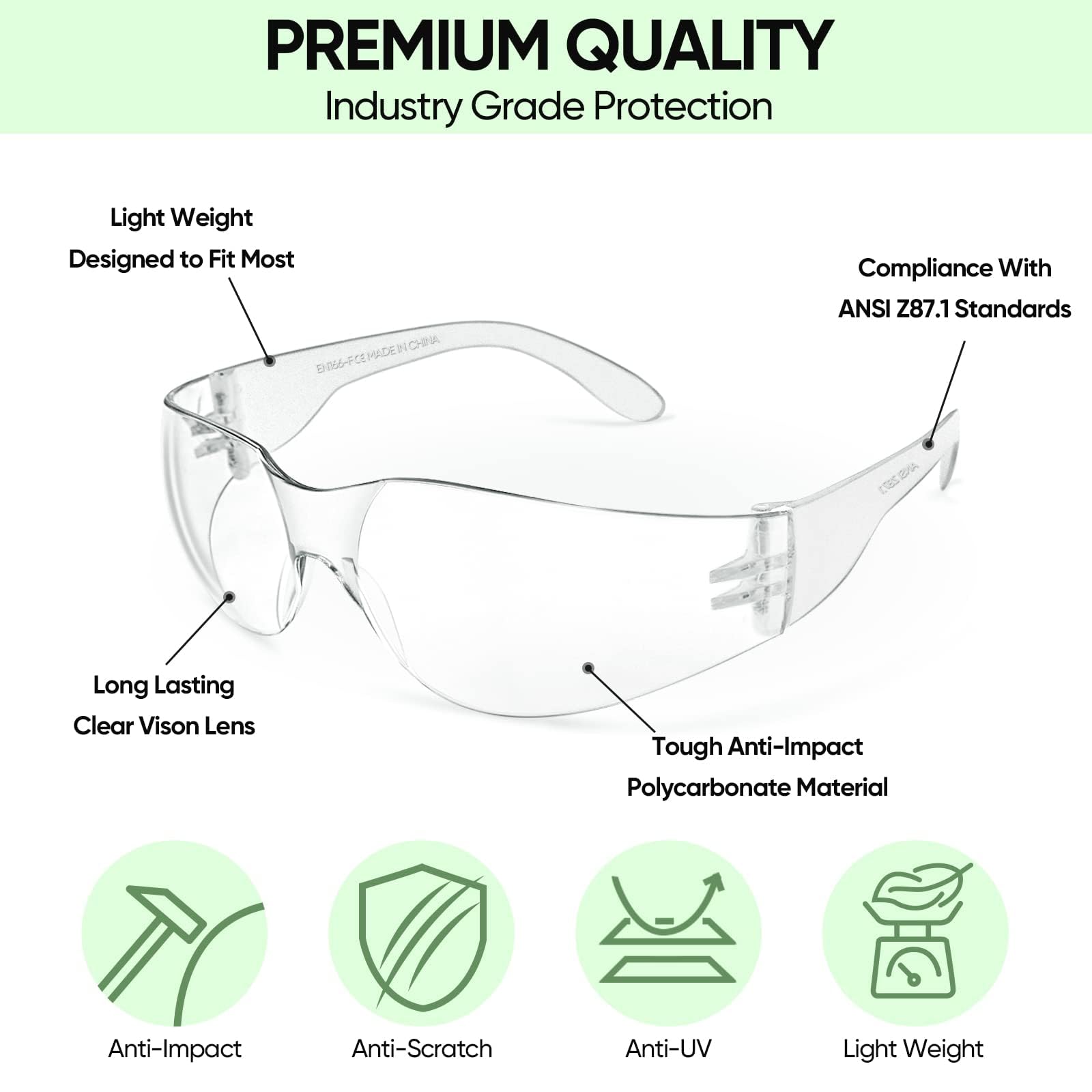TICONN 12 Clear Safety Glasses for Men, Safety Goggles with Scratch Impact Resistant Meets ANSI Z87.1 Standard (12 Pack)