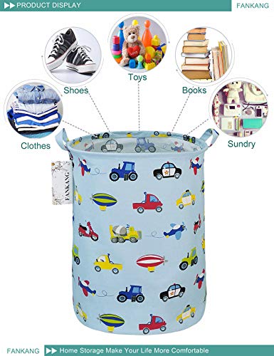 FANKANG Storage Basket, Nursery Hamper Canvas Laundry Basket Foldable with Waterproof PE Coating Large Storage Baskets for Kids Boys and Girls, Office, Bedroom, Clothes,Toys(Car)