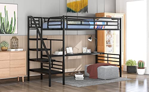 Epinki Metal Loft Bed Frame with Desk, No Box Spring Needed, Twin, Black, Bed Frame, Easy Assembly