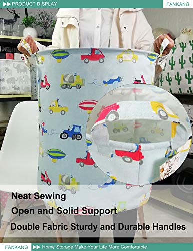 FANKANG Storage Basket, Nursery Hamper Canvas Laundry Basket Foldable with Waterproof PE Coating Large Storage Baskets for Kids Boys and Girls, Office, Bedroom, Clothes,Toys(Car)