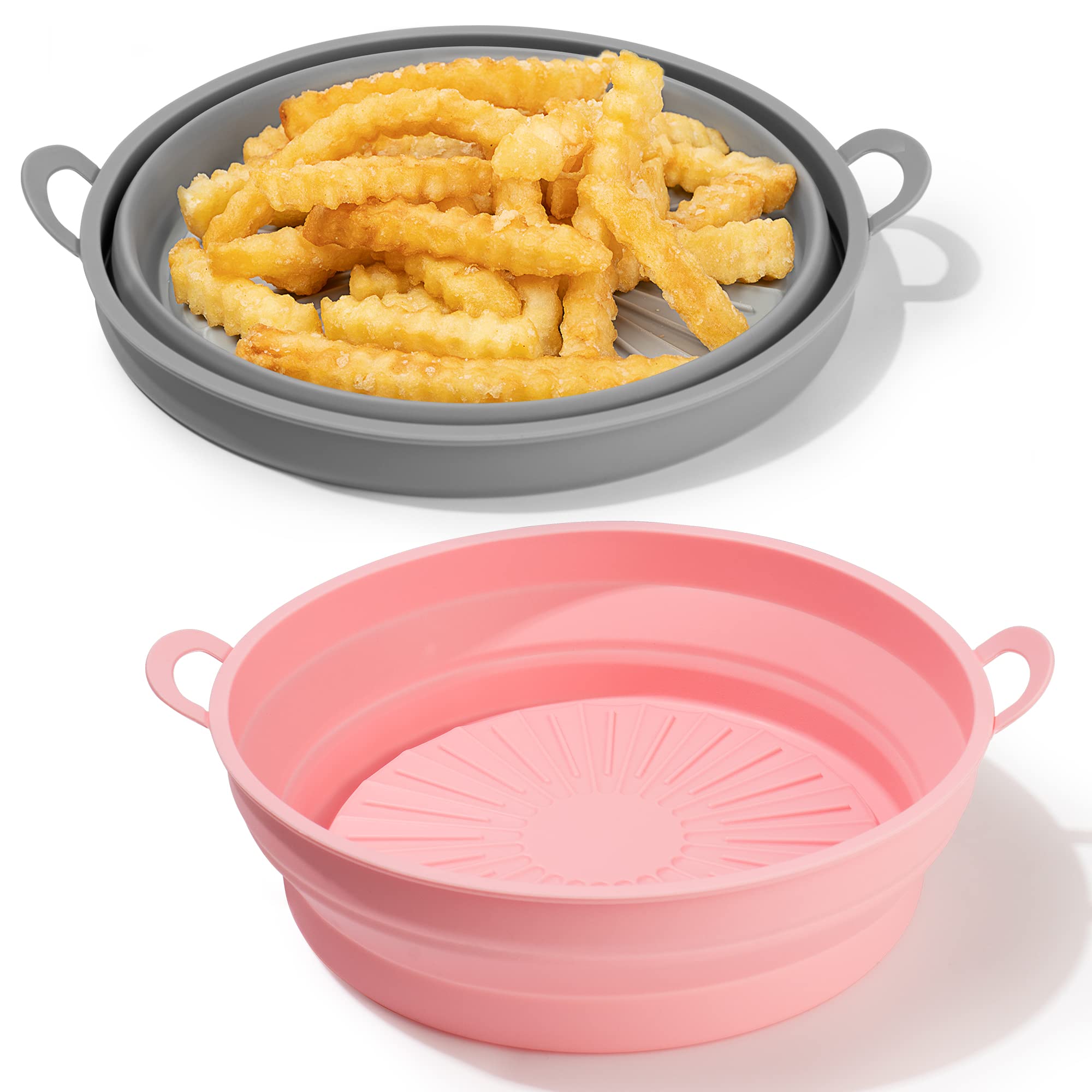Homotte 2 Pack Air Fryer Silicone Liners Pot for 5 to 8 QT, Reusable AirFryer Silicone Basket Bowl, Replacement of Flammable Parchment Paper, Food Grade Baking Tray Oven Accessories, Pink+Grey (8.5in)