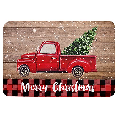 Christmas Bath Rugs Red Truck With Xmas Tree Sponge Doormat Absorbent Non Slip Durable Flannel Mat Red Black Check Plaid Retro Wood Grain Christmas Memory Foam Mats for Bathroom Kitchen 18 x 30 inches