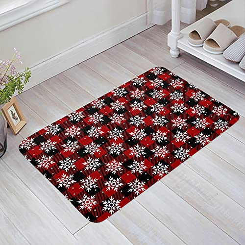 Christmas Bath Rugs White Snowflake Sponge Doormat Absorbent Non Slip Backing Durable Soft Flannel Mat Red Buffalo Plaid Checkered Christmas Memory Foam Mats Carpet for Bathroom Kitchen 16 x 24 inches