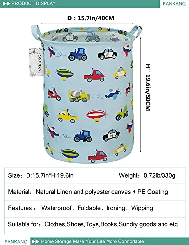 FANKANG Storage Basket, Nursery Hamper Canvas Laundry Basket Foldable with Waterproof PE Coating Large Storage Baskets for Kids Boys and Girls, Office, Bedroom, Clothes,Toys(Car)