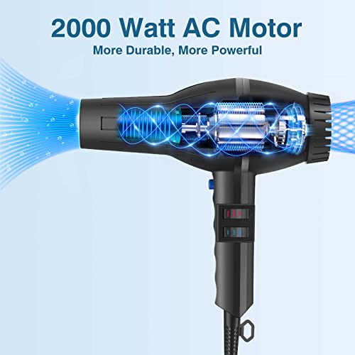 ARDIRO 2000W Professional Hair Dryer, Negative Ionic Salon Hair Blow Dryer for Quick Drying with AC Motor, Hairdryer with Diffuser & Concentrator, 3 Heat & 2 Speed Setting for Women Men Kids -Black