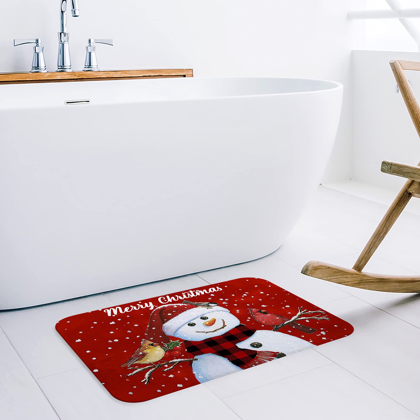 Christmas Bath Rugs Christmas Snowman Sponge Doormat Absorbent Non Slip Backing Durable Soft Flannel Mat Red Cardinals Winter Snowy Christmas Memory Foam Mats for Bathroom Kitchen 16 x 24 inches